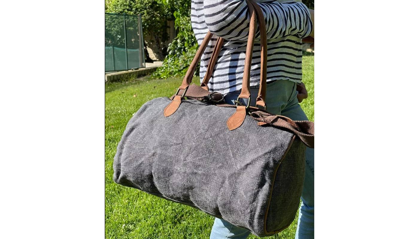 Sac de voyage en lin, lanières cuir - Bleu foncé